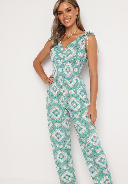 Zielony Taliowany Kombinezon z Bawełny w Geometryczny Wzór z Troczkami ...